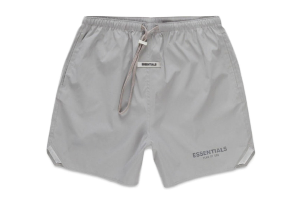 Buy FEAR OF GOD ESSENTIALS Volley Shorts Silver Reflective Online in ...