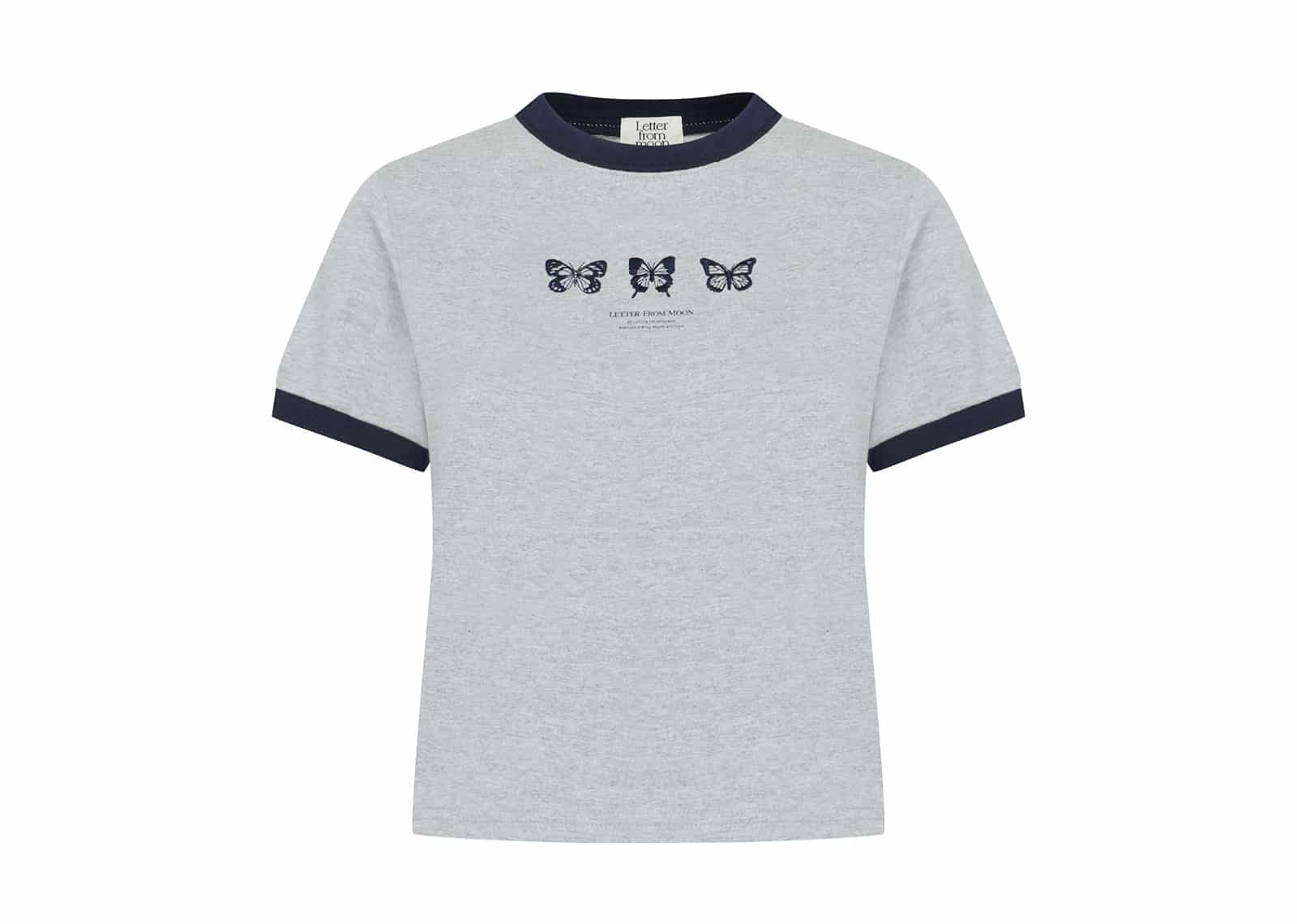 Buy Letter From Moon Triple Butterfly Embroidery Ringer Crop Tee Grey ...