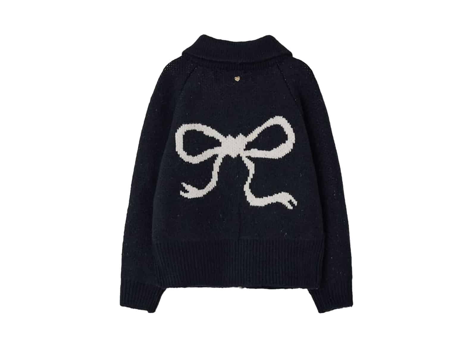 Buy Ronron Back Heart Ribbon Cowichan Knit Zip Up Dark Navy Online in ...